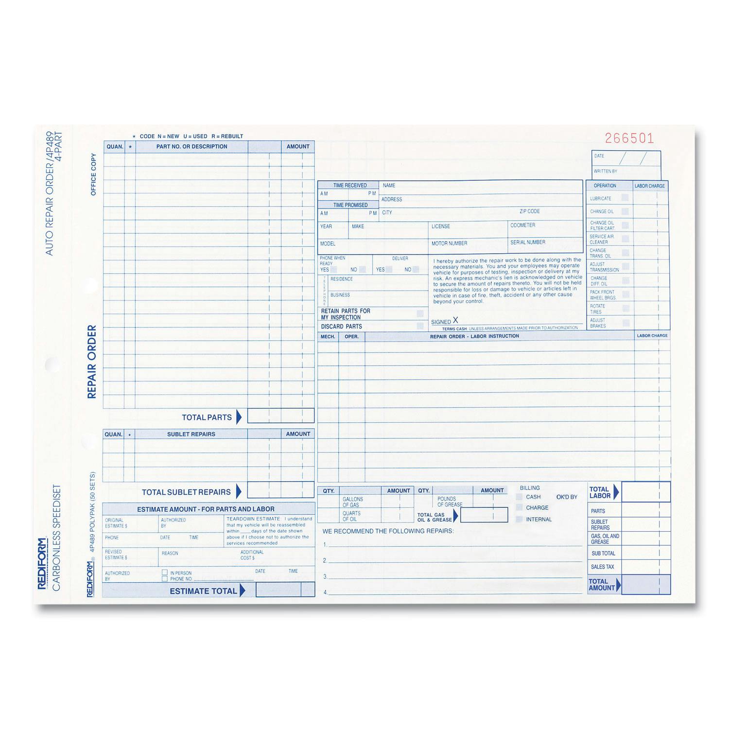Rediform® Speediset® Four-Part Auto Repair Form - Trinity Packaging Supply